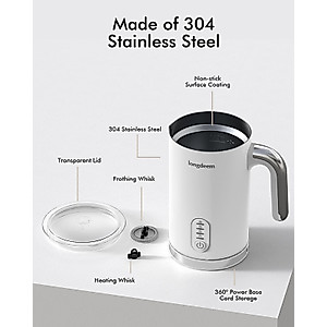 LONGDEEM Milk Frother, 4-in-1 Electric Milk Foamer with Cold & Hot Froth for Latte Cappuccino - Automatic Coffee Foam Maker, Stainless Steel, 10 oz/5 oz, Non-Stick Coating with Auto Shut-Off, White