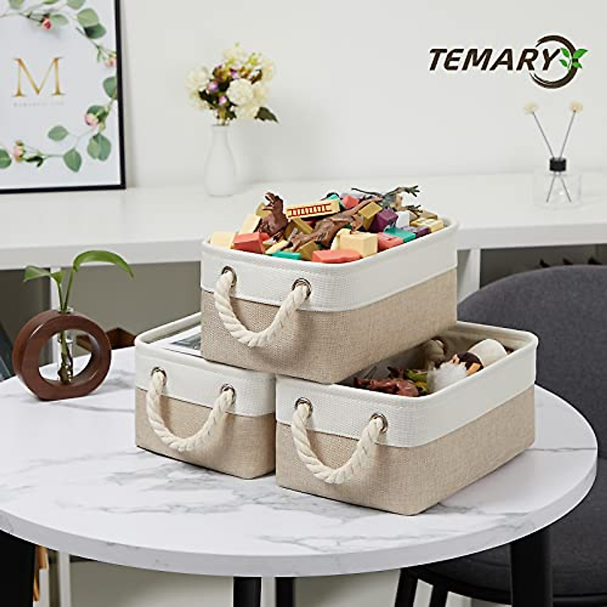 Temary Fabric Storage Baskets Set Of 6 Small Storage Bins Bundled with 2 Pack Decorative Baskets for Storage (White&Khaki, 11.8Lx7.9Wx5.3H Inches, 16Lx12Wx12H inches)