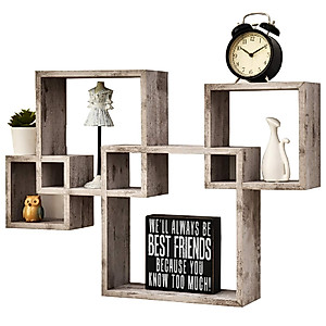 Greenco 4 Cube Intersecting Shelves, Easy-to-Assemble Floating Wall Mount Square Shelves for Bedrooms and Living Rooms, Rustic White Finish