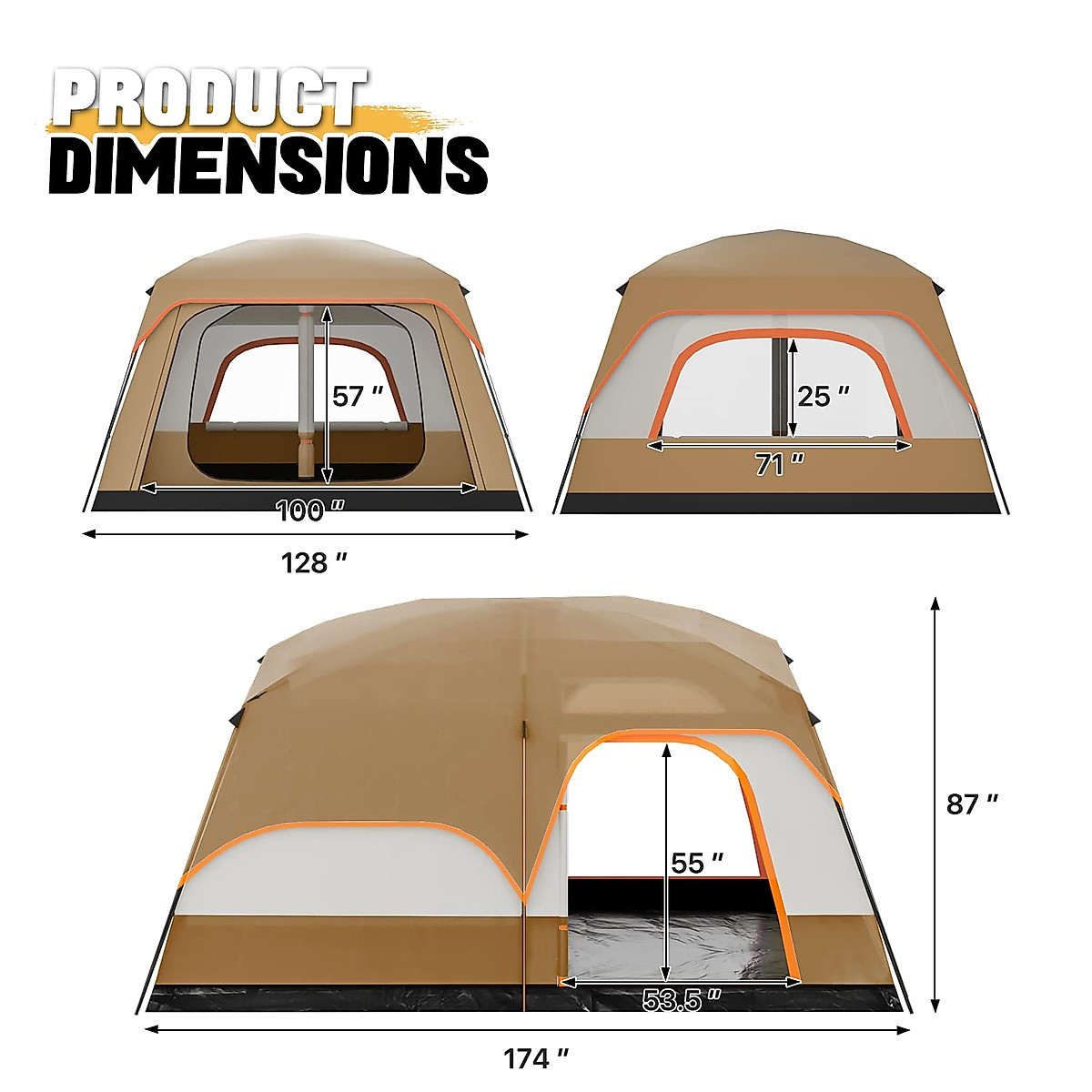 MoNiBloom 5-8 Person Tent for Camping Extra Large Portable Cabin Huge Tent, Waterproof Windproof 1 Living Room and 2 Bedroom 181'' Length Tent with Carry Bag for Outdoor Picnic Family Gathering