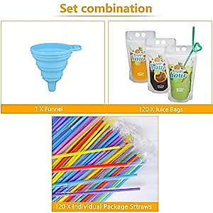 100 Pcs Zipper Plastic Pouches Drink Bags, Heavy Duty Hand-Held Translucent Frosted Reclosable Stand-up Bag 2.4" Bottom Gusset with 100 pcs Straws & Funnel Included