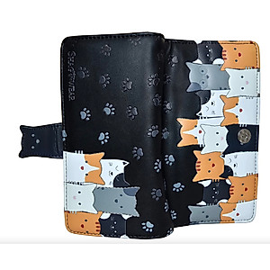 Shag Wear Kitty Cat Crowd Chic Large Animal Wallet for Women and Teen Girls Vegan Faux Leather Black 7"