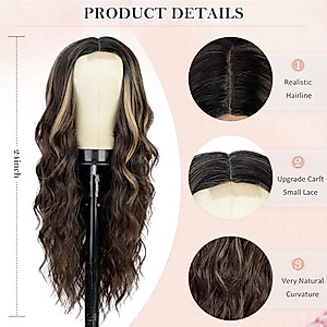 N NAYASA Long Wavy Middle Part Wig for Women Synthetic Curly Wigs Natural Wavy Heat Resistant Wig for Daily Party Use (Brown Mixed Blonde,24inch)