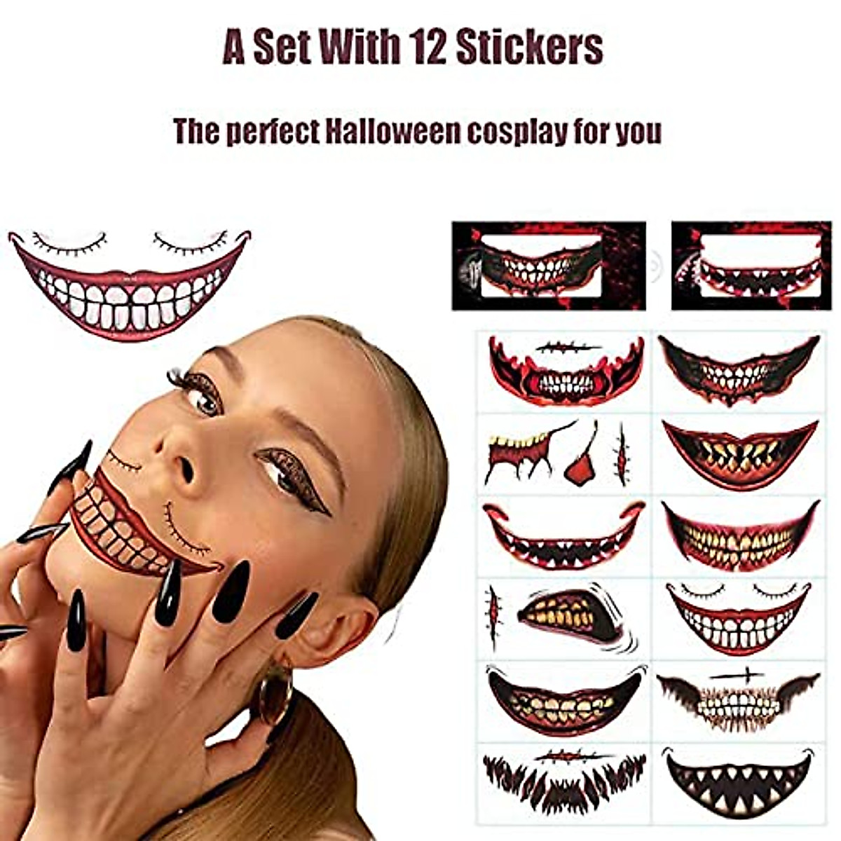 12Pcs Halloween Face Tattoos,Halloween Prank Makeup Temporary Tattoo,Adults Kids Clown Horror Mouth Fake Tattoo Stickers,Face Decals Prank Props for Halloween Cosplay Part