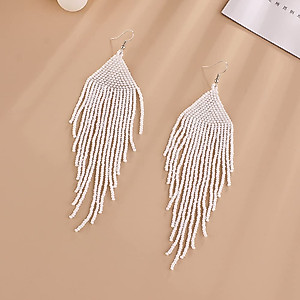 Handmade Beaded Tassel Earrings - Boho Drop Fringe Earrings for women, Native American Indian Earrings (Long White)