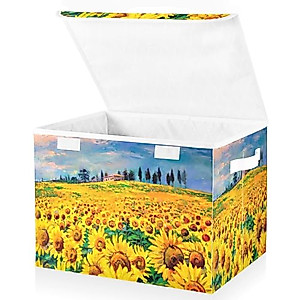 DIGTIA Storage Bins with Lids Oil Painting Sunflower Meadow Foldable Storage Boxes with Handles Vintage Yellow Floral Large Storage Basket Collapsible Organizer Containers for Closet Home Bedroom Off