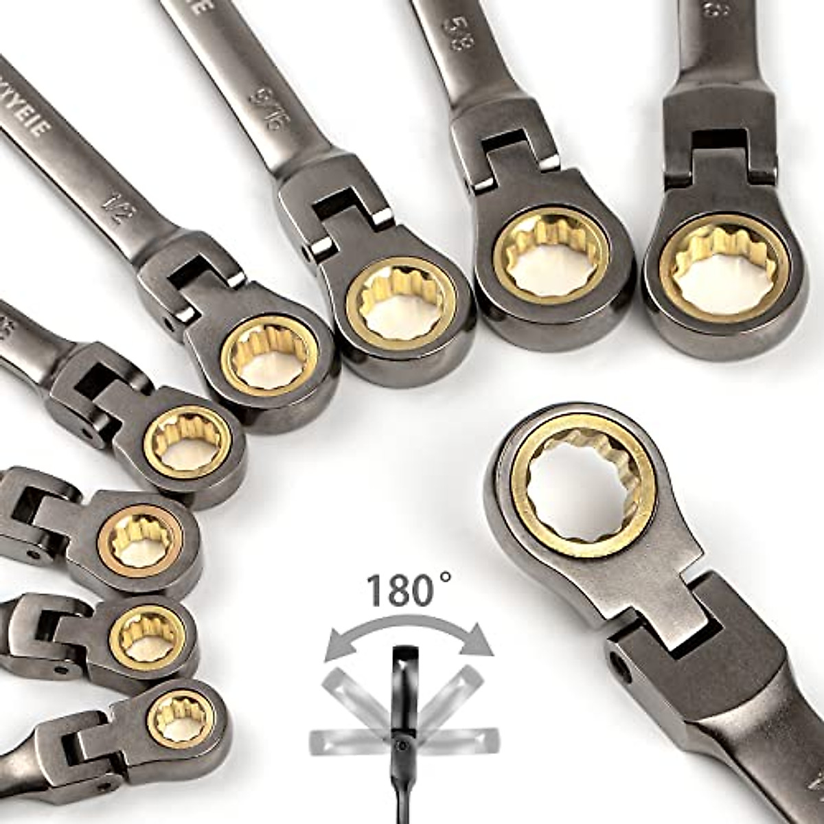 YIYEIE 9 Pc. Flex-Head Ratcheting Wrench Set, SAE 5/16, 11/32, 3/8, 7/16, 1/2, 9/16, 5/8, 11/16, 3/4 Inch, 72 Tooth, Nickel Plating, Cr-V Steel, Flexible Combination Wrench Set with Swivel Ratchet