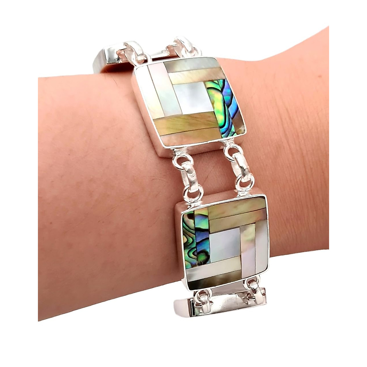 Swimmi Natural Abalone Shell Two Tones Mother of Pearl 925 Sterling Silver Bracelet Handmade Women Jewelry SF026
