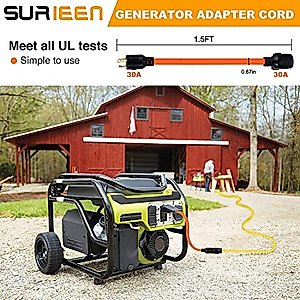 SURIEEN NEMA L5-30P to L14-30R Generator Transfer Switch Adapter Cord, 30 Amp 3 Prong to 4 Prong Generator Plug Adapter Twist Lock to House Inlet Box with Power Indicator, STW 10 Gauge 1.5FT