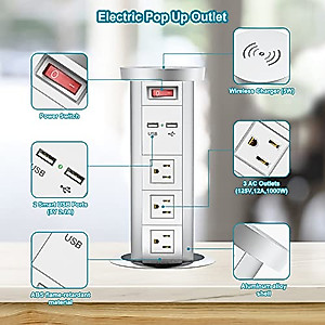 Automatic Pop Up Power Outlet, Popup Wireless Charging Station with 3AC Plugs + 2 USB, Pop up Electrical Outlets for Countertops, Recessed Hidden Outlet for Kitchen Island Conference (Silver White)