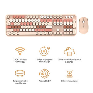 SADES V2020 Keyboard and Mouse Combo, Colorful Wireless Keyboard with Round Keycaps,2.4GHz Dropout-Free Connection,Long Battery Life,Cute Wireless Mouse for PC/Laptop/Computer (MilkTea Color)