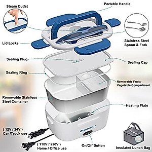 Ouhiyaur Electric Lunch Box Power Switch, Heated Lunch Boxes Adults, Dual Leak Proof Cover, 60W 110/12/24 Volt Portable Food Warmer, 1.5L 304 Stainless Steel Food Containers Trucker, Work, Home White