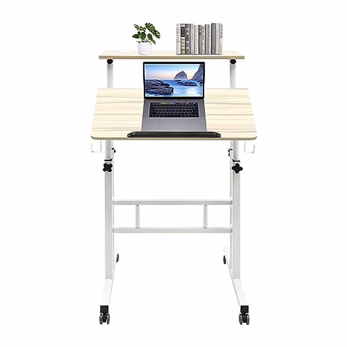 LOHISHILO Mobile Stand Up Desk Adjustable Laptop Desk with Wheels Storage Rolling Table Cart for Standing or Sitting, for Home Office Workstation, Oak, 27.5-45.3in