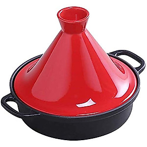 Casserole Dish with Lid Soup Pot Cast Iron Tagine Pot 20Cm, Tajine Cooking Pot with Enameled Cast Iron Base and Cone-Shaped Lid Lead Free Stew Casserole Slow Cooker,Red
