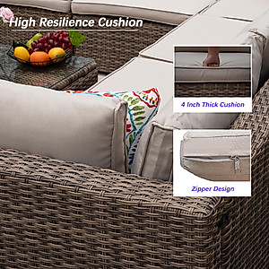 Naga Bahna Patio Furniture Set 7 Pieces Outdoor Sectional Conversation Set, Outdoor PE Wicker Rattan Sofa Set Patio Couches w Anti-Slip Beige Cushions, 2 Pillows for Patio(Brown)