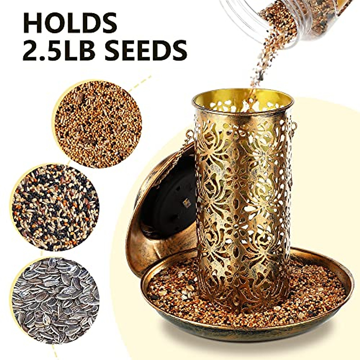 Enhon 2 Pack Solar Bird Feeder for Outdoors Hanging, Metal Wild Bird Feeder for Cardinals, Weather Resistance Solar Backyard Garden Lantern Light Decoration with S Hook as Gift Ideas for Bird Lovers