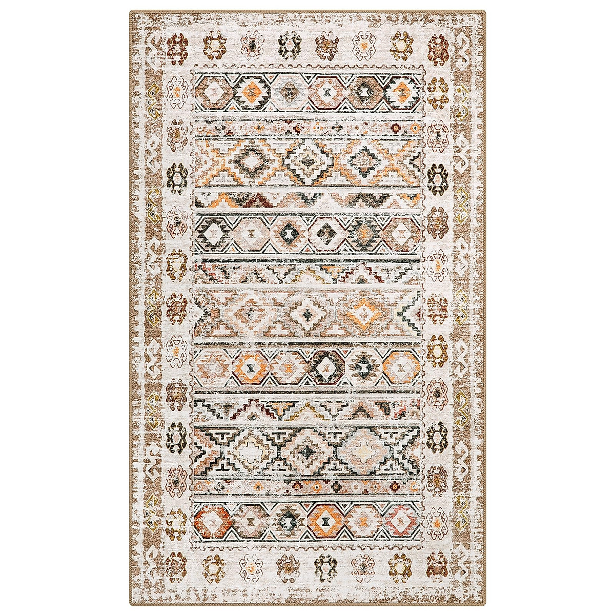 Wonnitar Boho Washable 3x5 Area Rug, Non-Slip Moroccan Entry Rug Distressed Throw Rug for Bedroom, Non-Shedding Western Aztec Low Pile Floor Carpet for Kitchen Bathroom Entrance (Khaki/Multi,3'x5')