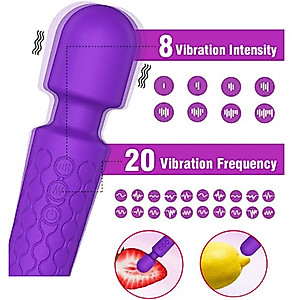 Powerful Vibrator Wand, G Spot Cordless Rechargeable Vibrators with 20 Patterns & 8 Intensity, Quiet Clit Vibrator, Clitoris Stimulation, Dildo, Female Wand Massager for Her Pleasure Adult Toys (A)