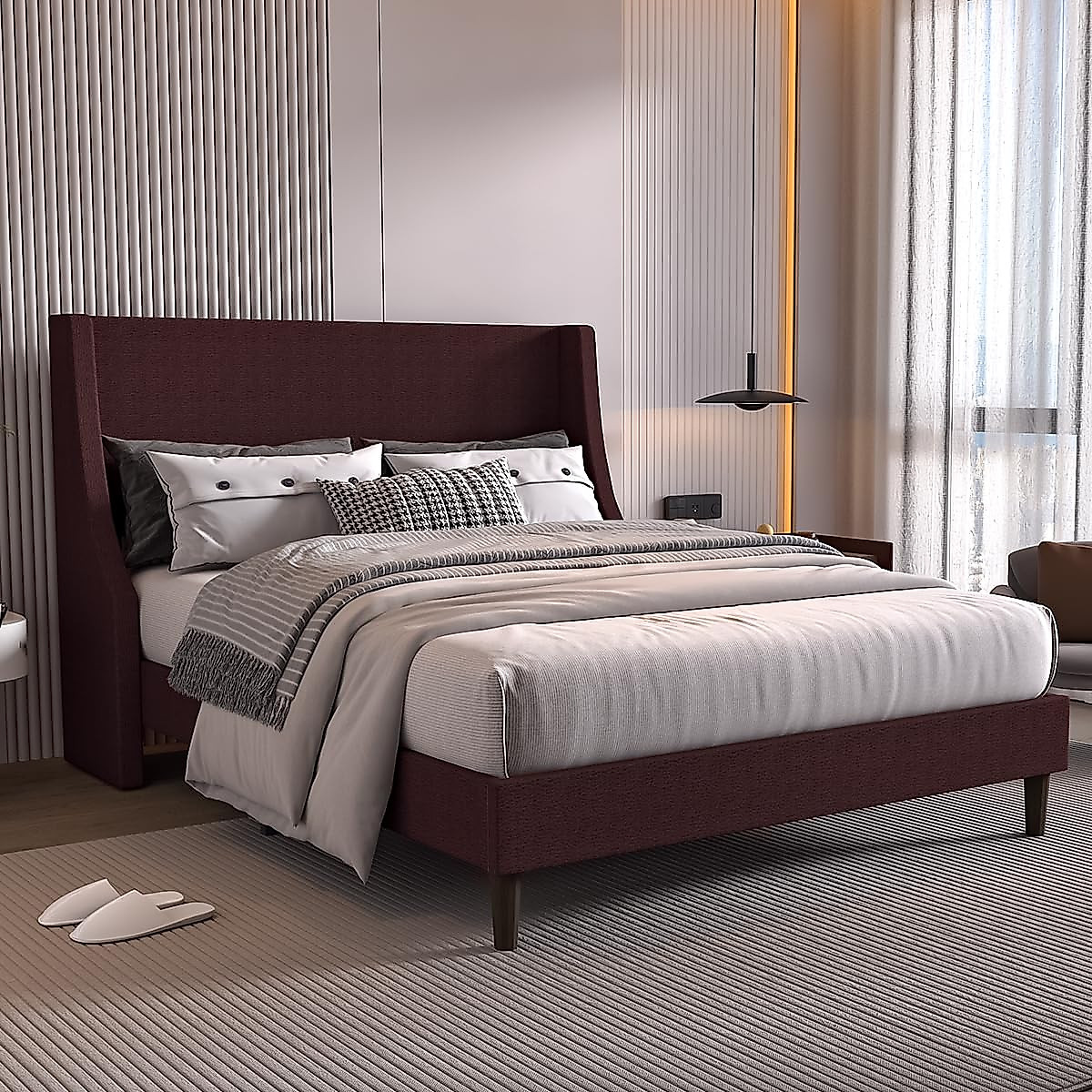 Akeacubo Bed Frame with Button Tufted Headboard,Faux Leather Upholstered Mattress Foundation,Platform Bed Frame,Wooden Slat Support,No Box Spring Needed,Easy Assembly (05, Queen)