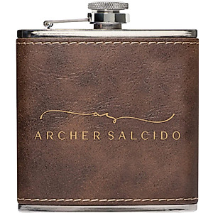 Personalized Flask For Wedding Gift. Customized Flask Gift Set. Engraved Leatherette Flask With Optional Gift Box For Groomsmen Gifts. Engraved Flask (Rustic & Gold)