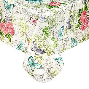 Newbridge Victoria Easter Pastel Rose Floral Vinyl Flannel Backed Tablecloth - Roses and Butterfly Spring French Country Print Vinyl Tablecloth with Flannel Backing, 60” x 102” Oblong/Rectangle