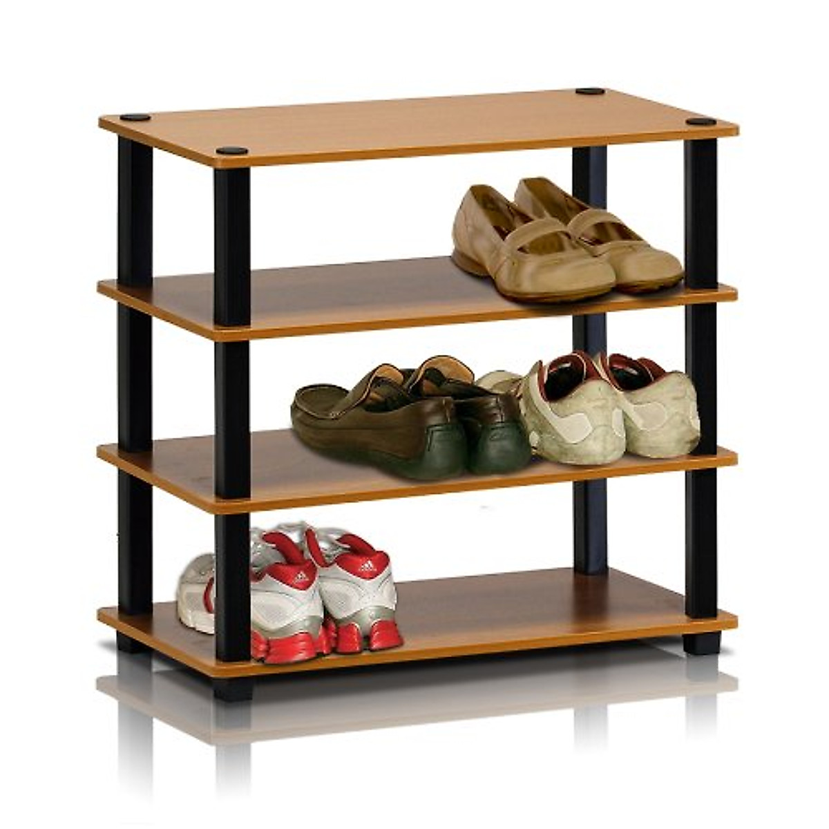 Furinno Turn-S-Tube 4-Tier Shoe Rack, Single, Light Cherry and Black