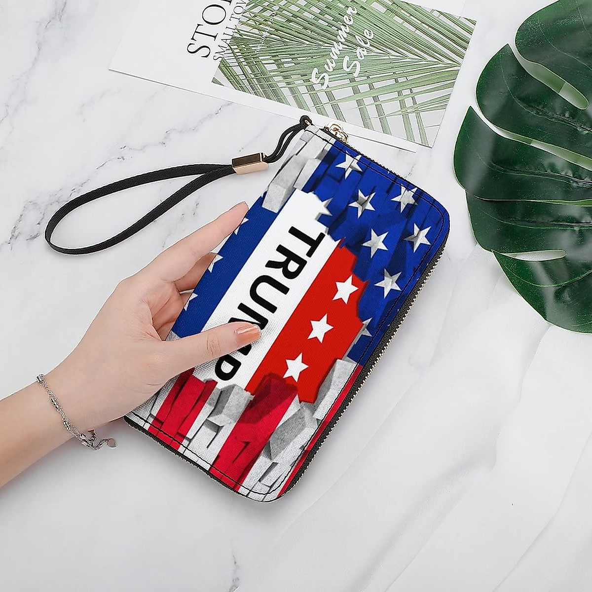 FunnyStar American USA Flag And Trump Leather Travel Wallet Wristlet Purse Portable Case For Boarding Pass ID Money Tickets With Zipper