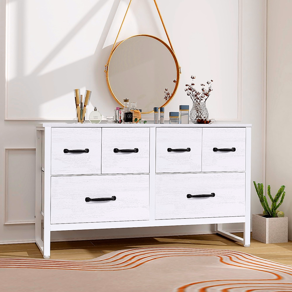LYNCOHOME Dresser TV Stand, White Dresser for Bedroom with 6 Drawers,Wide Dresser with Sturdy Frame & Wood Top for Storage in Bedroom,Entryway,Hallway