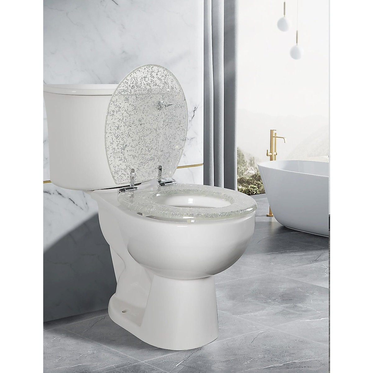 Angol Shiold Resin Round Toilet Seat Glitter Silver, Slow Quiet-Close Heavy Duty Acrylic Toilet Seats for Standard Toilets, Easy Installation & Cleaning (Round 17", Silver Foil, Upgraded hinge)