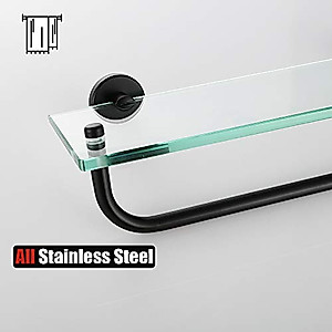 JQK Bathroom Glass Shelf, Shelf with 15 Inch Towel Bar Tempered Glass Shower Storage 16 by 5 inches, 304 Stainless Steel Matte Black Wall Mount, TGS100-PB