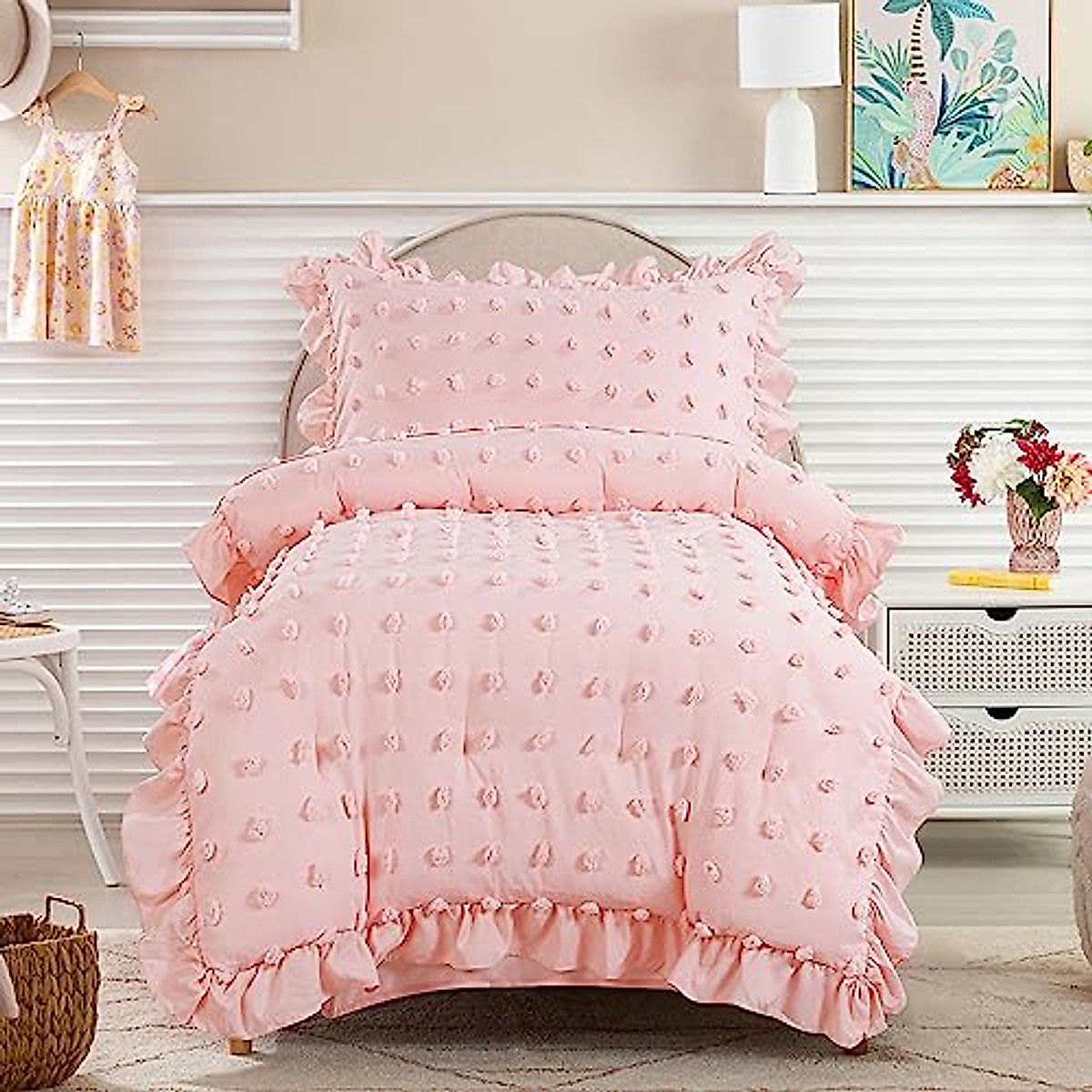 HOMBYS 4 Pieces Pink Princess Toddler Bedding Set for Girls, Boho Pom Pom Kids Comforter Set with Ruffles for All Season