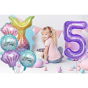 Mermaid Birthday Party Decorations, Mermaid Birthday Party Supplies Included Mermaid Tail Seashell and 40 Inch Purple Number 5 Balloons, Girl's 5th Birthday Party and Baby Shower Favors