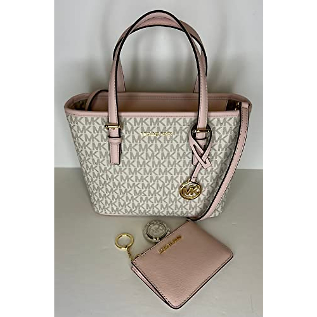 Michael Kors Jet Set Travel XS Carryall Convertible Top Zip Tote bundled with SM TZ Coinpouch and Purse Hook (Signature MK Vanilla/Pink)