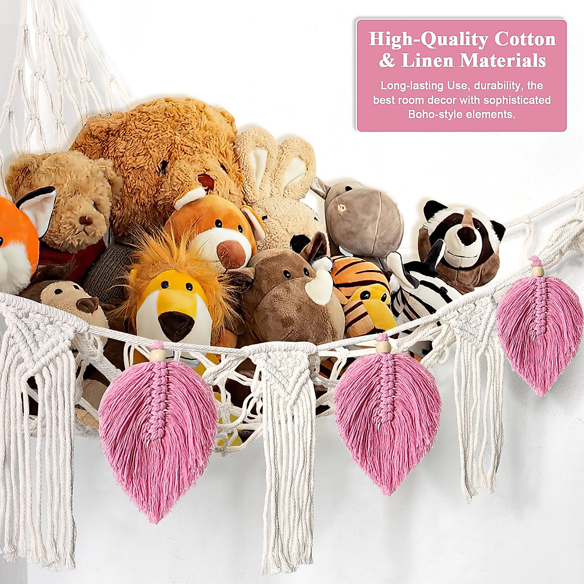 Dremisland Stuffed Animal Toy Net Hammock with Star Light Boho Leaf Macrame Tassel Corner Toy Organizer Bohemian Woven Decor Display Holder for Girls Room Nursery Kids Bedroom Play Room Decor (Pink)
