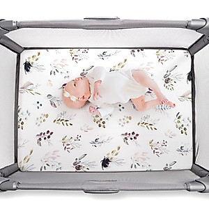 GRSSDER Stretchy Ultra Soft Jersey Knit Fitted Pack n Play Sheets Set 2 Pack,Fits Portable Playard/Mini Cribs Mattress Snug and Safe,Watercolor Purple Flora for Baby