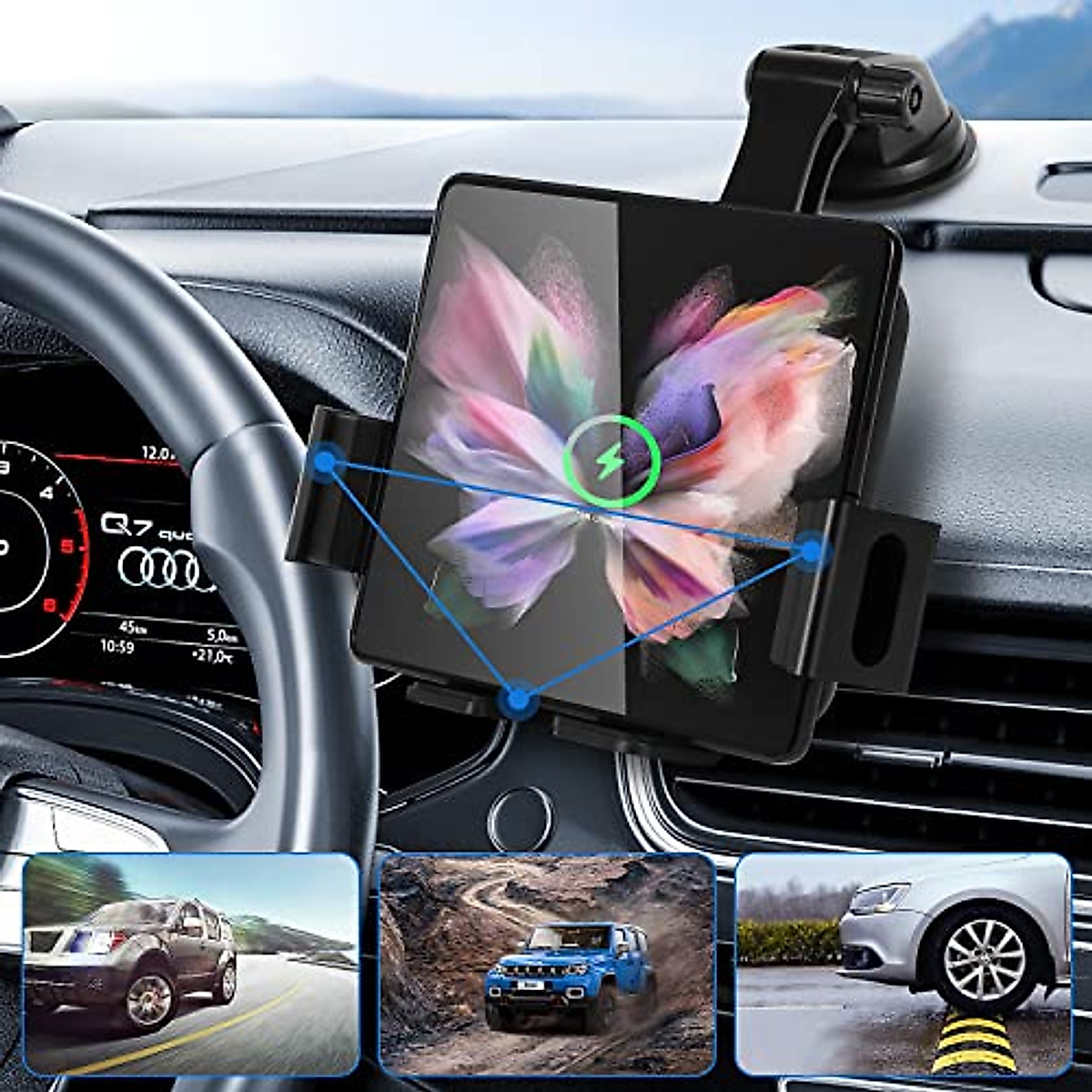 DEMCERT Support Portrait Unfold Charging for Z Fold 3 Car Mount, Wireless Car Charger Compatible for Samsung Galaxy Z Fold 3 Z Fold 4 Auto Clamping Fast Charging Holder with Cooling Fan