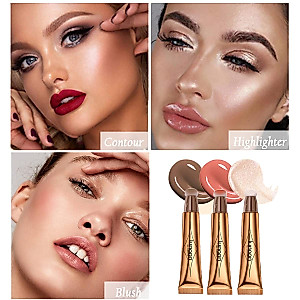 Aaiffey Cream Contour Beauty Wand,Highlighter Contour Blush With Cushion Applicator,Liquid Face Bronzer Makeup Wand Blendable Super Silky Cream Contour Stick Set Long Lasting Natural 3Pcs (Contour+Highlighter+Blush)
