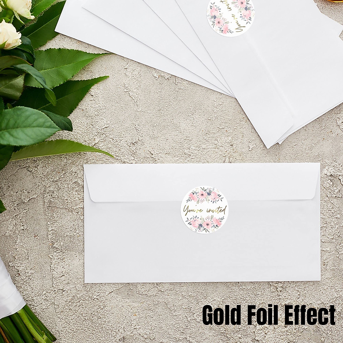 Mobiusea Creation Floral Party You're Invited Envelope Seal Stickers | 1.4 inch | Gold Foil | 54pcs Waterproof Invitation Stickers for Wedding, Bridal Shower, Birthday, Boho Girl Baby Shower