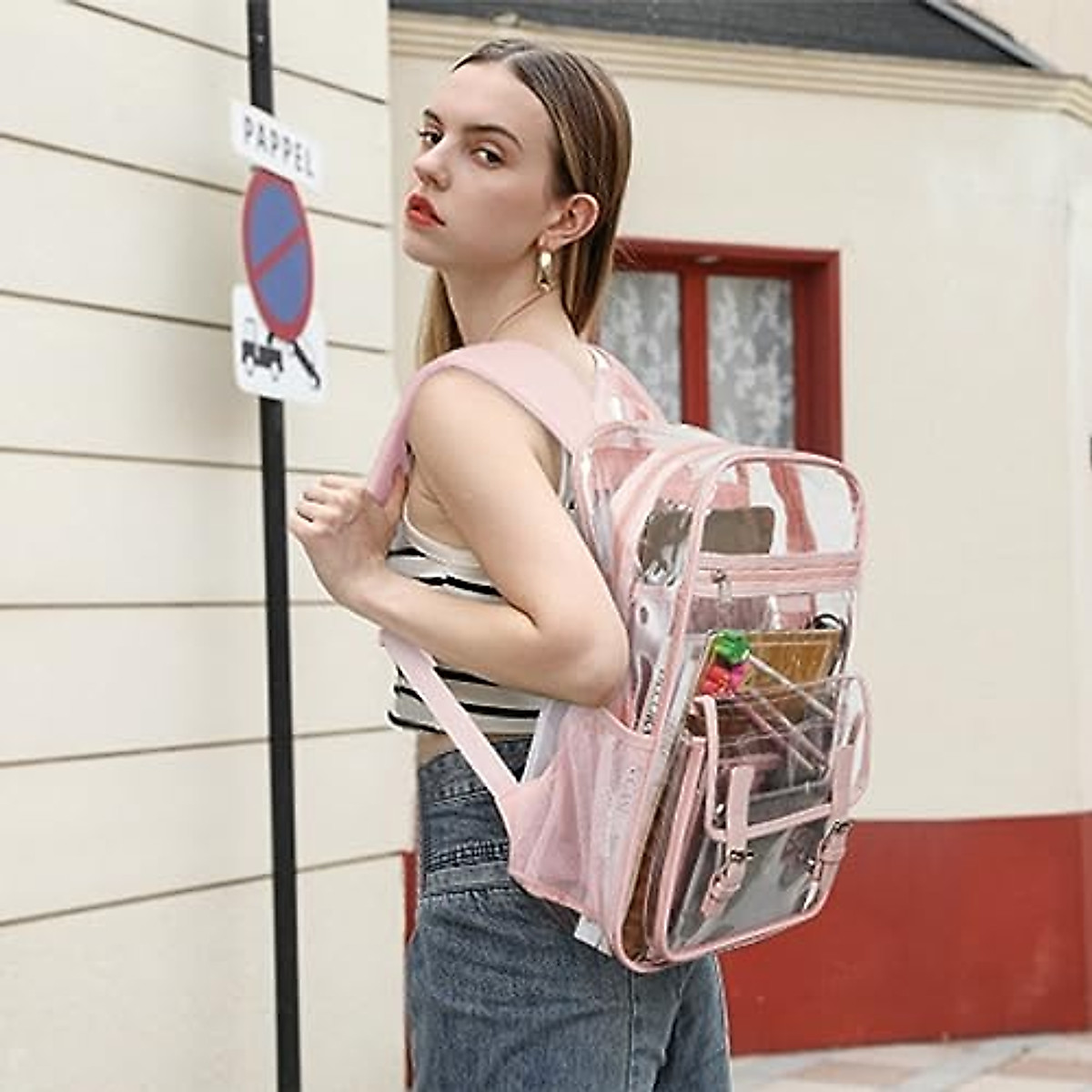 Telena Clear Backpack, Heavy Duty PVC Transparent Backpack with Reinforced Strap, See Through Bookbag for College Workplace
