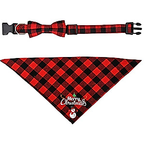 Christmas Dog Bandana and Collar Set Plaid with Bow Tie Dog Scarf Triangle Bibs Kerchief Adjustable Costume Accessories for Cats Dogs Pets