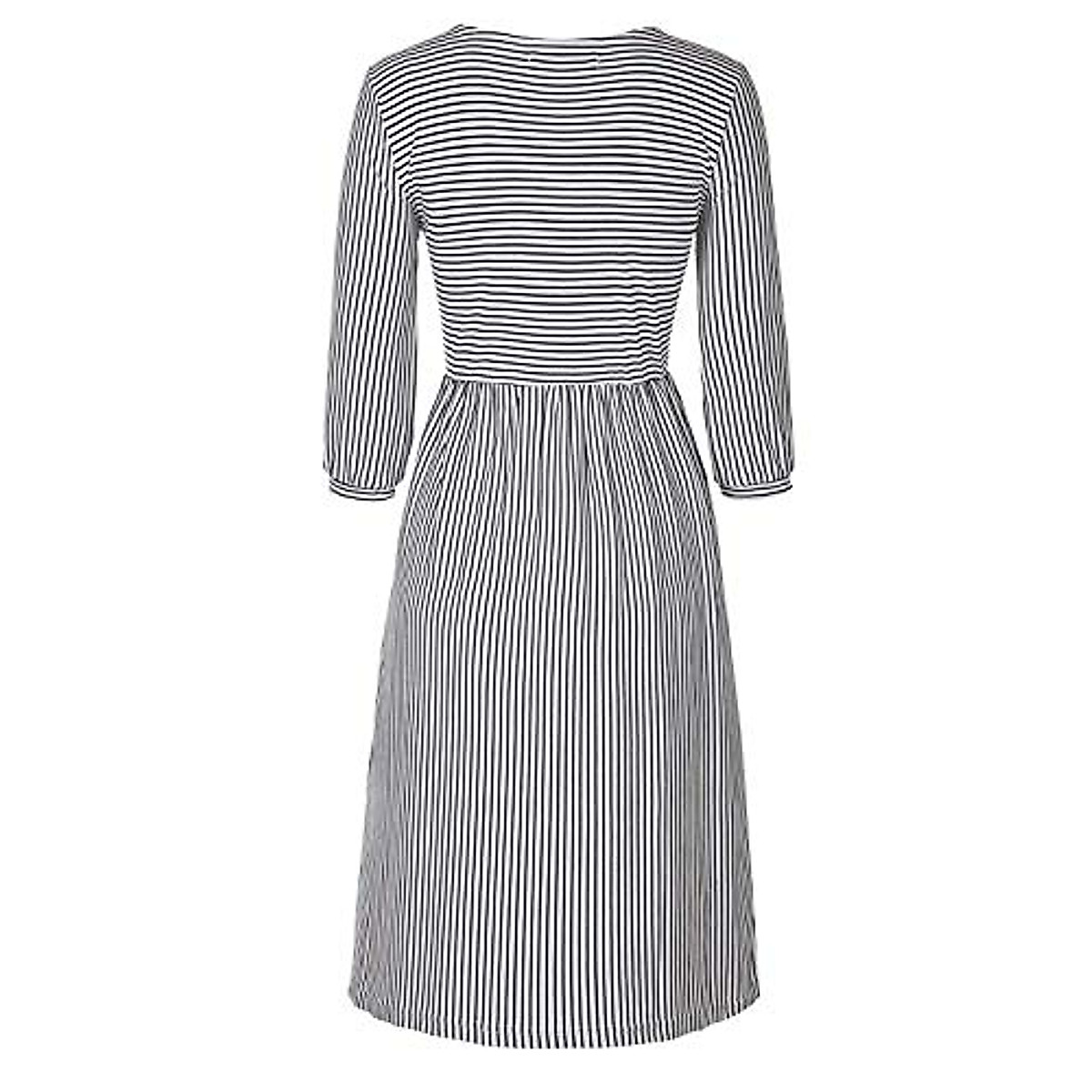 MEROKEETY Women's 3/4 Balloon Sleeve Striped High Waist T Shirt Midi Dress