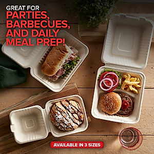 Clamshell Take Out Food Containers 6" x 6” (50 Pack) 1-Compartment, Disposable To Go Container, Togo Boxes With Lids, Trays for Lunch, Dinner, Meal-Prep, Eco Friendly, Compostable, Biodegradable