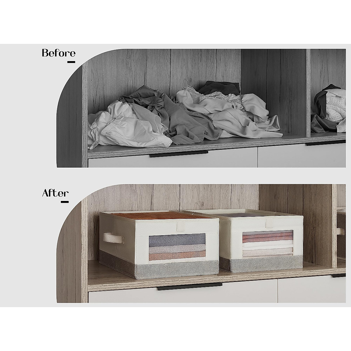 LoforHoney Home Closet Storage Bins with Clear Window, Foldalble Storage Baskets for Shelves with Handles, Fabric Storage Bins for Clothes, Shelf Baskets for Organizing, Beige & Gray, 2-Pack