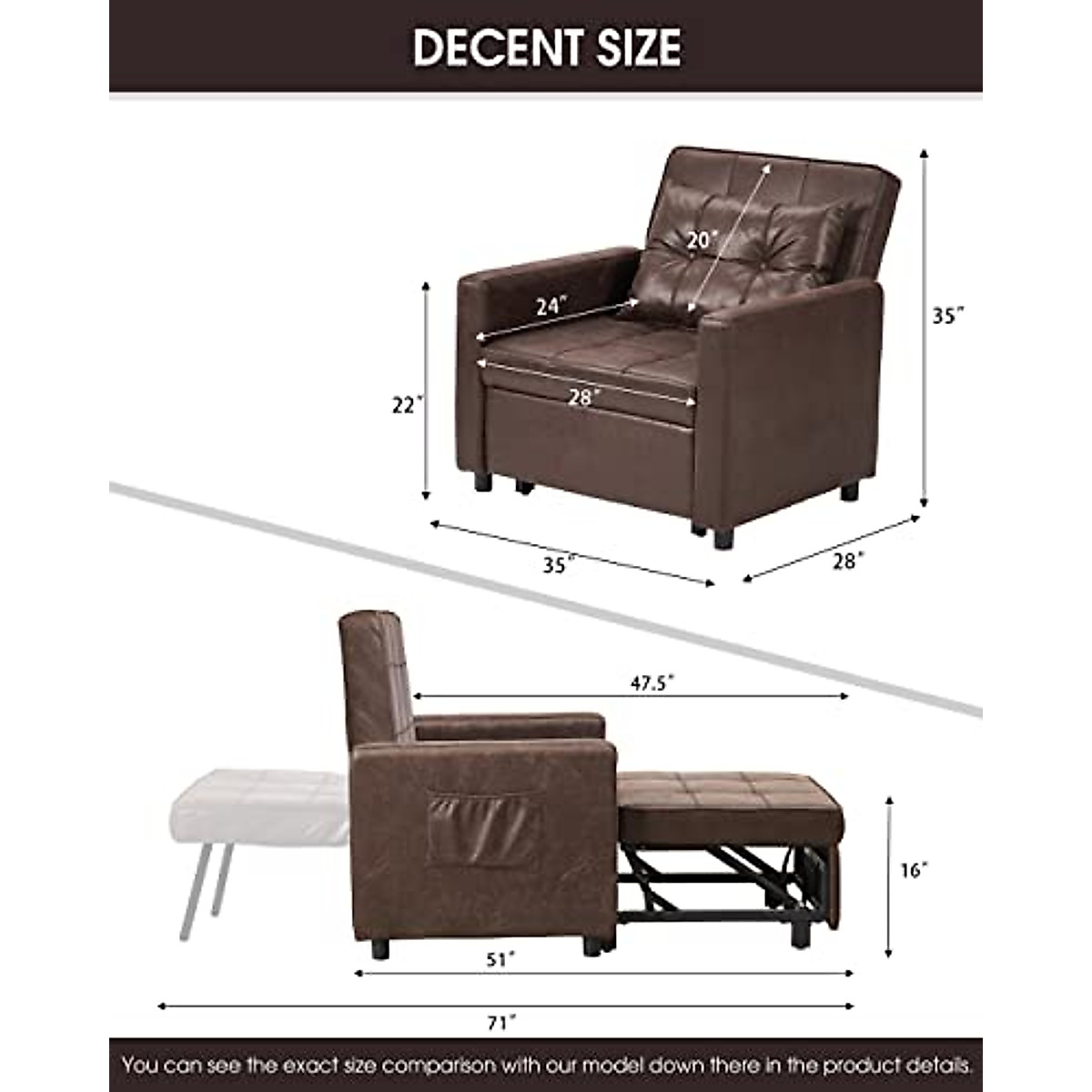 XSPRACER [Updated Convertible Chair Bed, Sleeper Sofa 3 in 1, Stepless Adjustable Backrest,Armchair, Sofa, Bed, PU Imitation, Brown, Single One