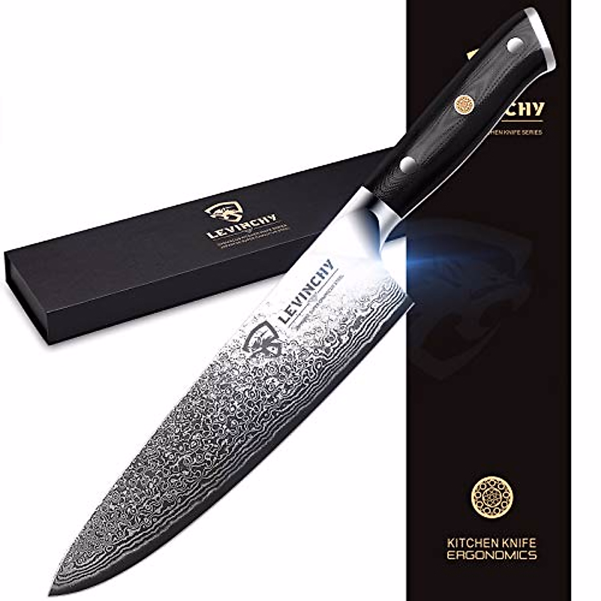 LEVINCHY 8 inch Damascus Chef Knife with Black Premium G10 Handle, Professional Damascus Stainless Steel Knife, Ergonomic, Superb Edge Retention, Stain & Corrosion Resistant