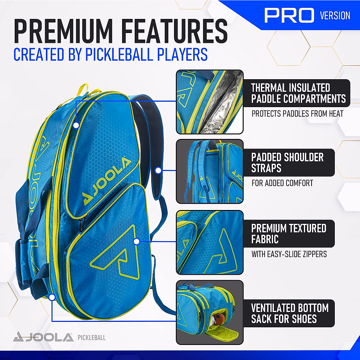 JOOLA Tour Elite Pro Pickleball Bag – Backpack & Duffle Bag for Paddles & Pickleball Accessories – Thermal Insulated Pockets Hold 4+ Paddles - Includes Fence Hook Blue/Yellow