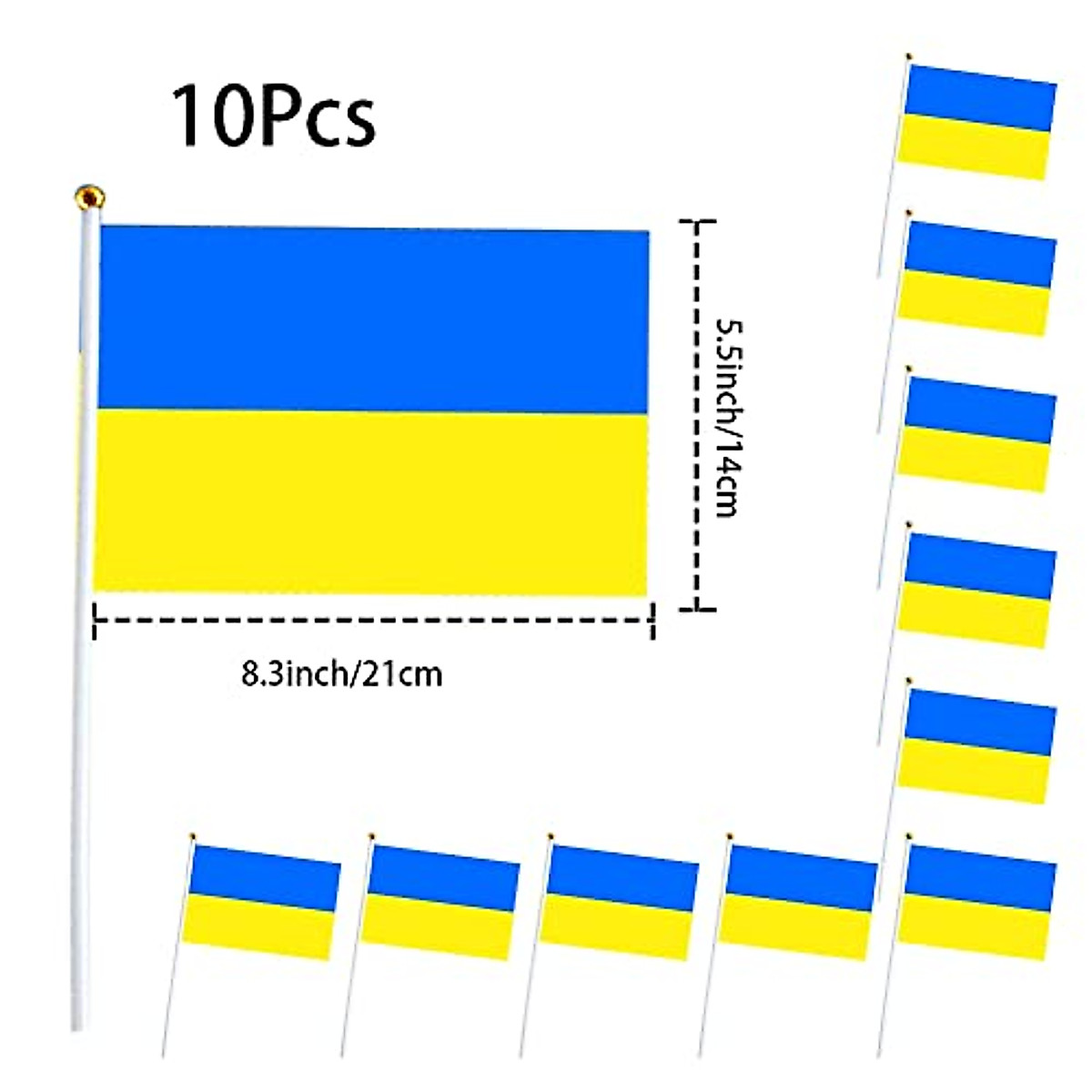 10PCS Ukraine Hand Held Flags 5.5x8.5in / 14 x21cm Ukrainian National Stick Flags Outdoor Indoor Decor Polyester Small Mini Flags Decoration for Car Party Festival Home Sports Events