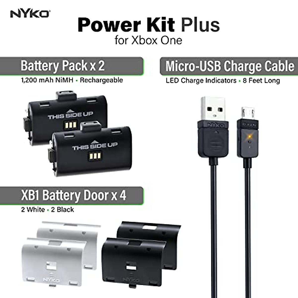 Nyko Xbox One Power Kit Plus - Rechargeable Battery Kit with 2 Batteries, Black & White Covers, 8-foot Micro-USB Charge Cable - Ultimate Xbox Accessories - Power, Cable, & Replacement Battery Doors