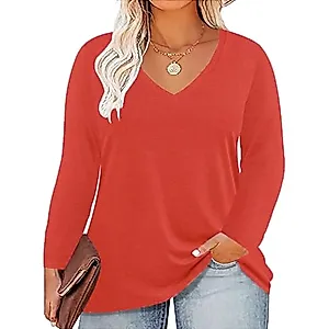 CARCOS Plus Size Tops for Women 3X Long Sleeve T Shirts Basic V Neck Tunics Casual Caramel Pullover Loose Fit 3XL 22W 24W