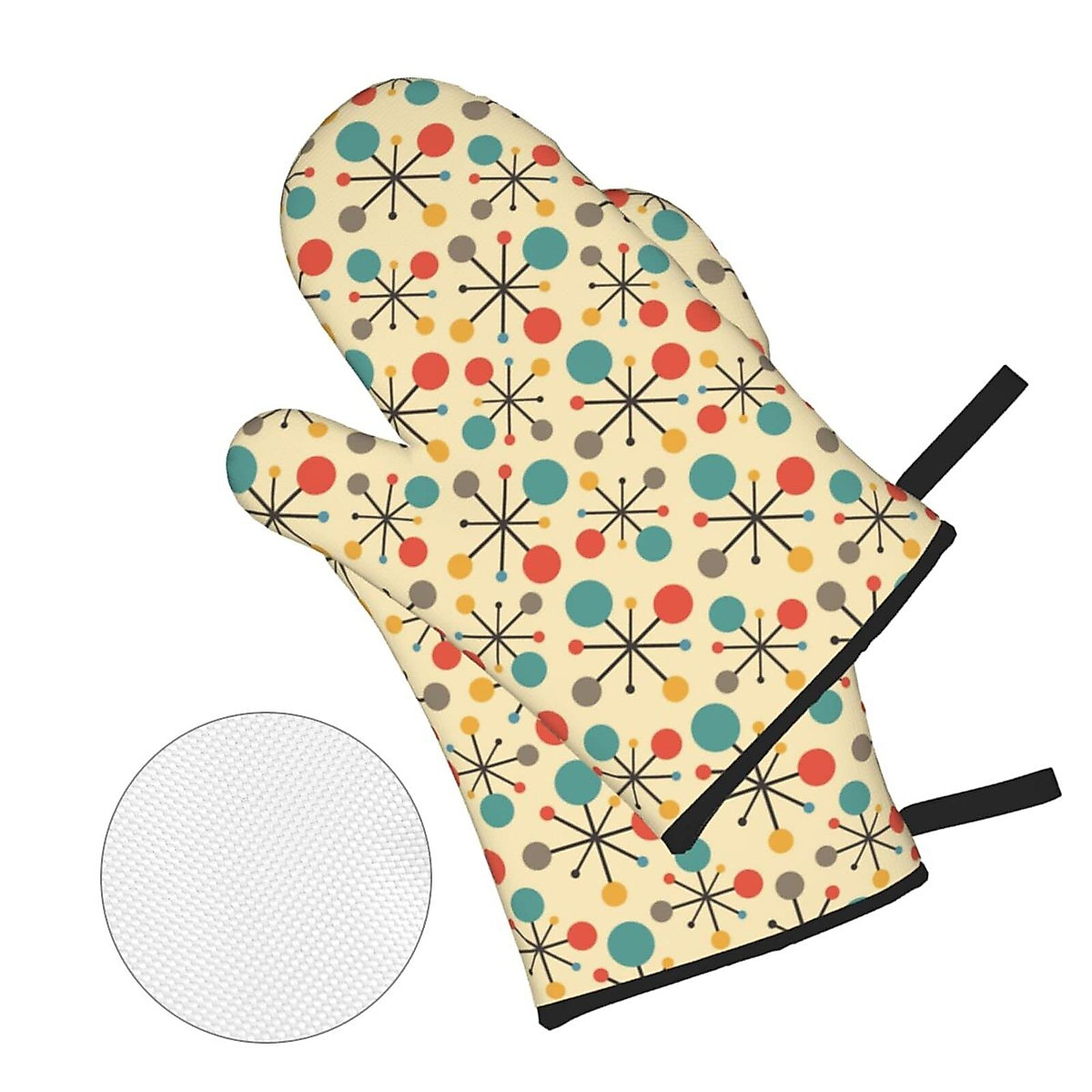 Retro Mid Century Fifties Modern Atomic Oven Mitts and Pot Holders Heat Resistant 4 Pcs Sets Waterproof Non-Slip for BBQ Cooking Baking Grilling